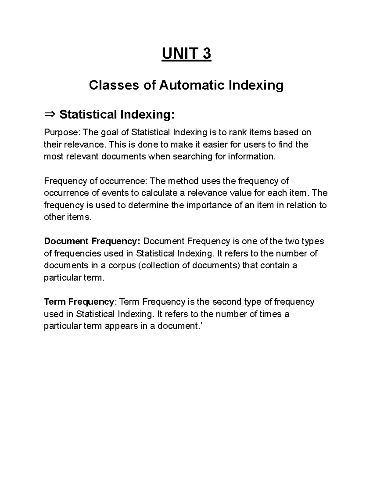 IRS Unit 3: Comprehensive Notes on Automatic Indexing Techniques - Studocu