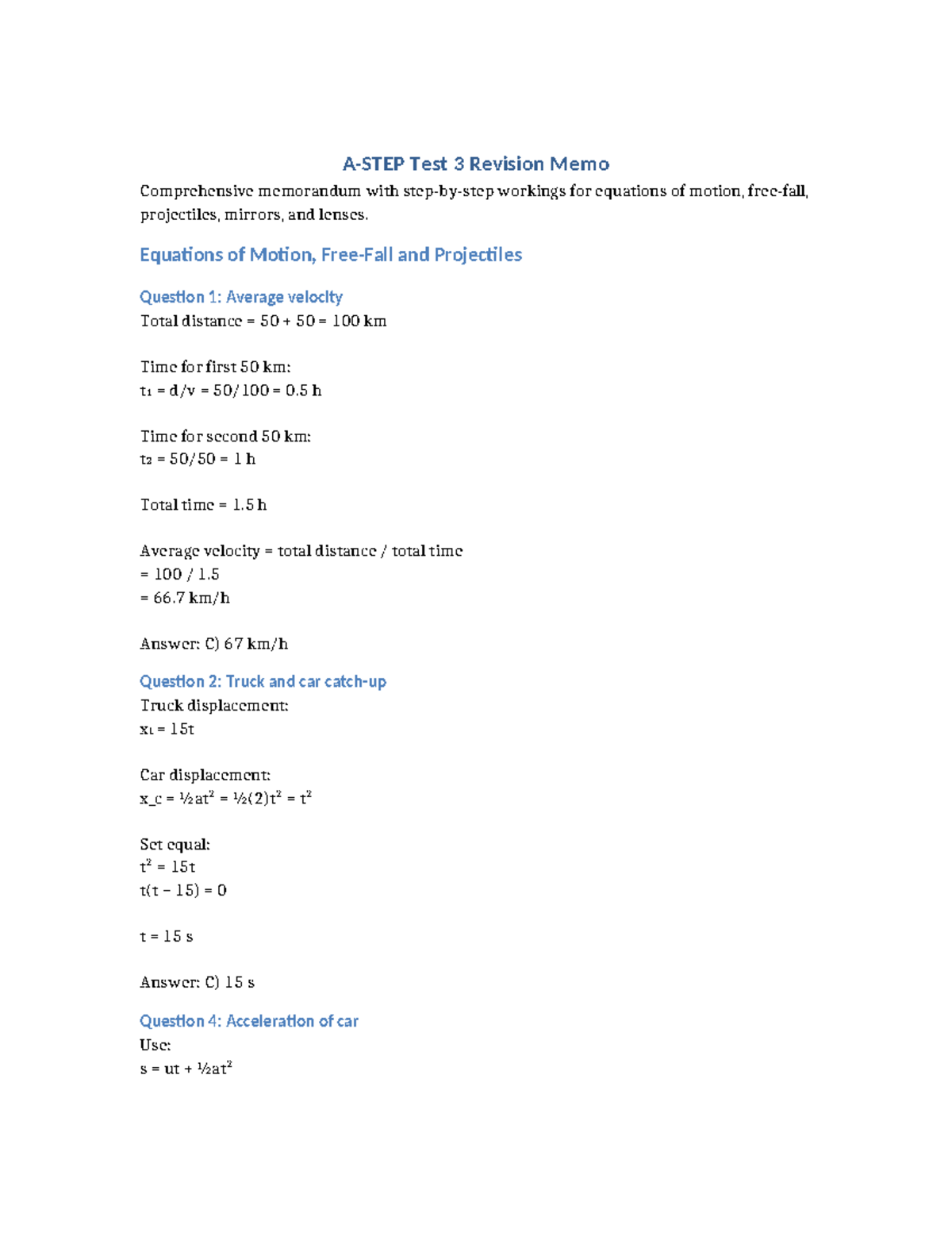 Astep Test 3 Revision Memo: Equations of Motion & Optics - Studocu