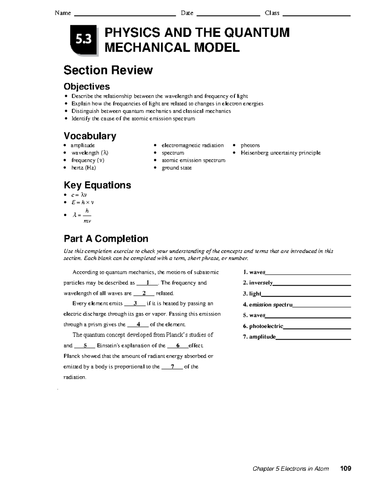 5-3 PHYSICS: Quantum Mechanical Model Review & Exercises - Studocu
