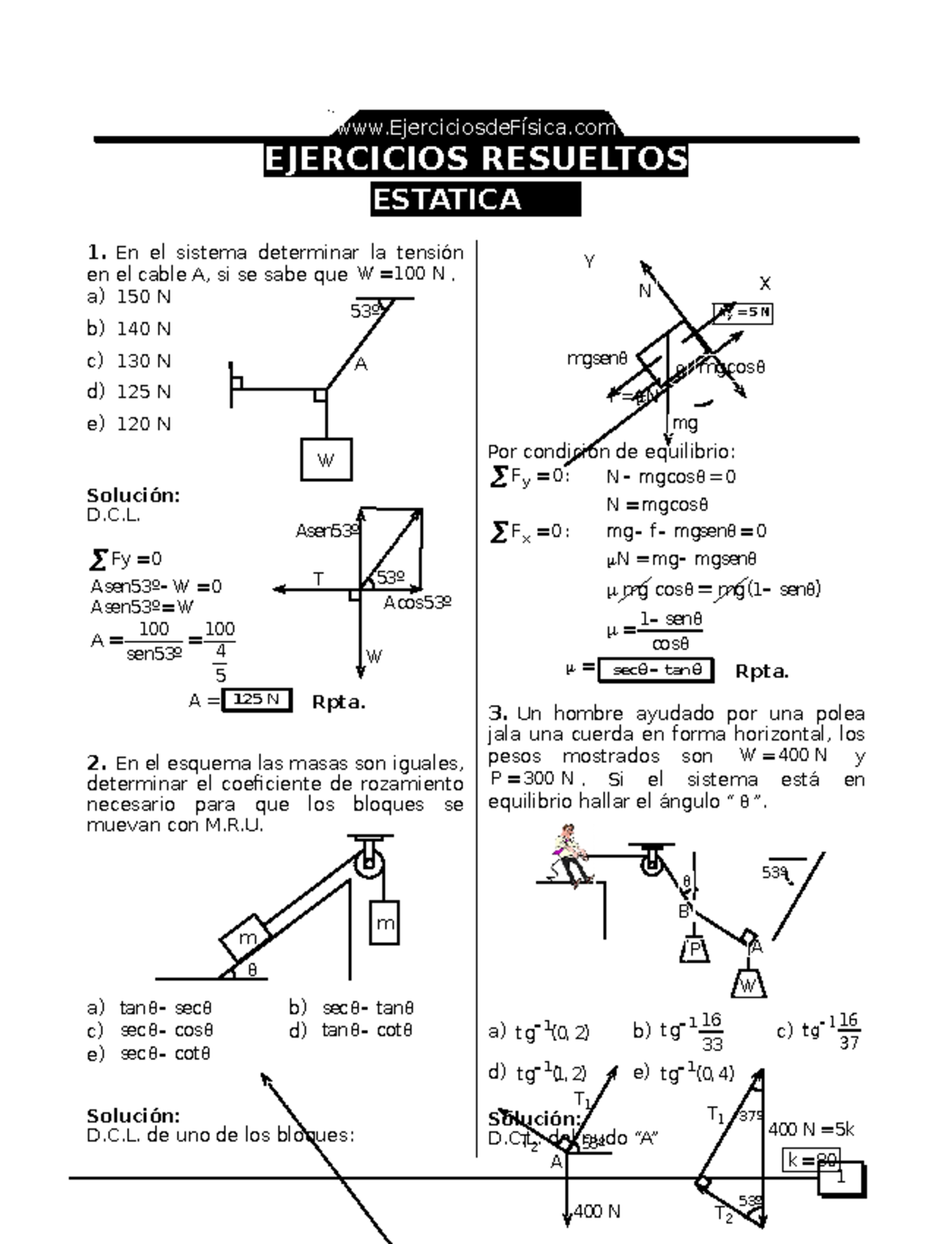 Estática-Ejercicios-Resueltos - EJERCICIOS RESUELTOS ESTATICA 1. En el sistema determinar la ...