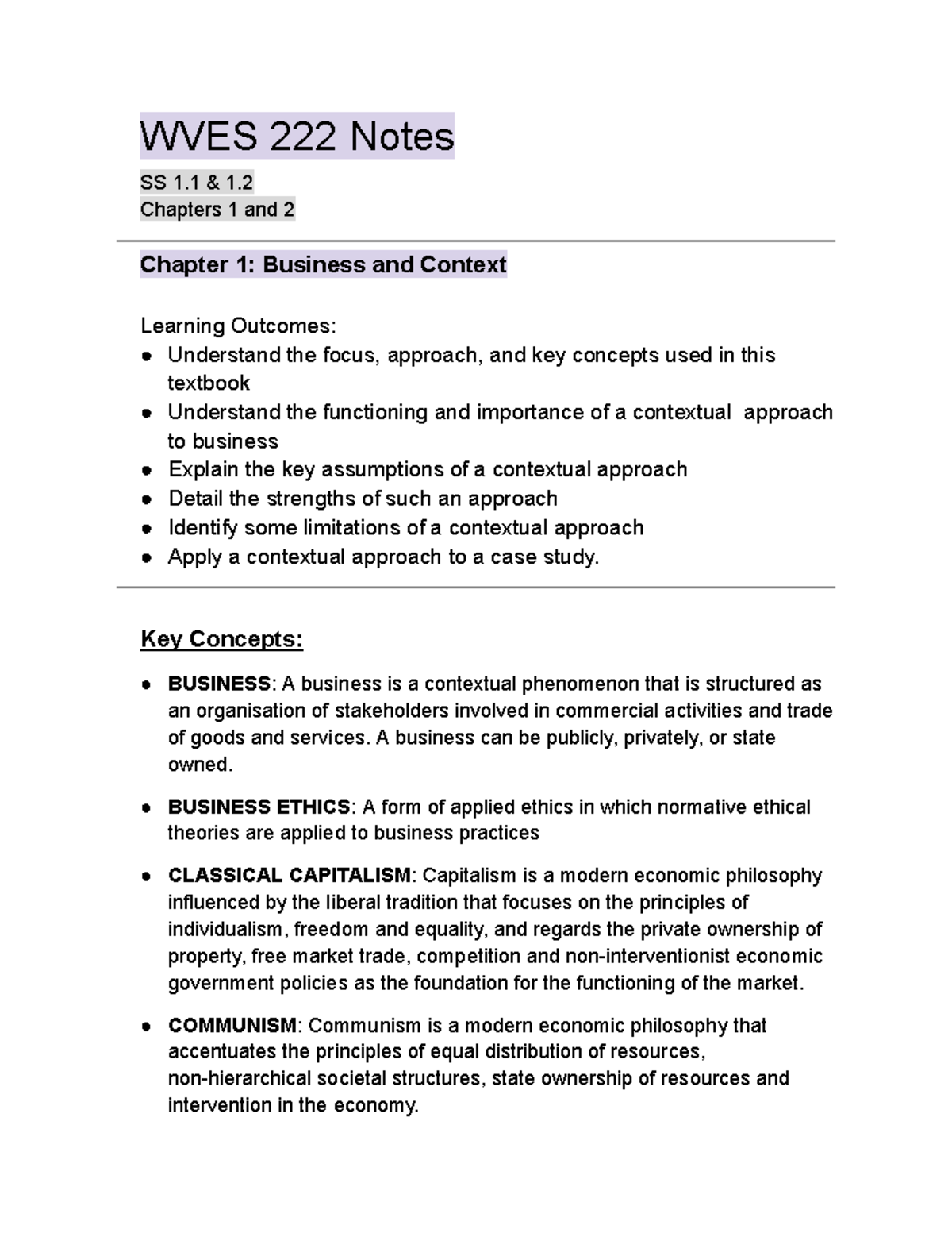 WVES 222 CH 1 and 2 - Summary Understanding business in the South ...