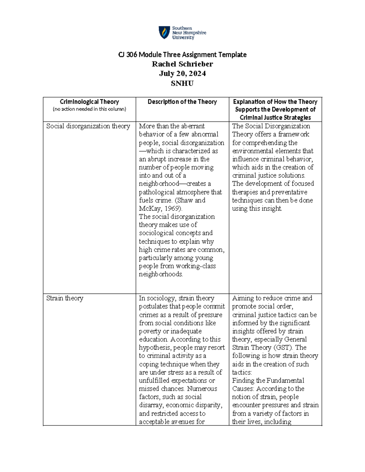 CJ 306 Module 3 Assignment: Exploring Criminological Theories and ...