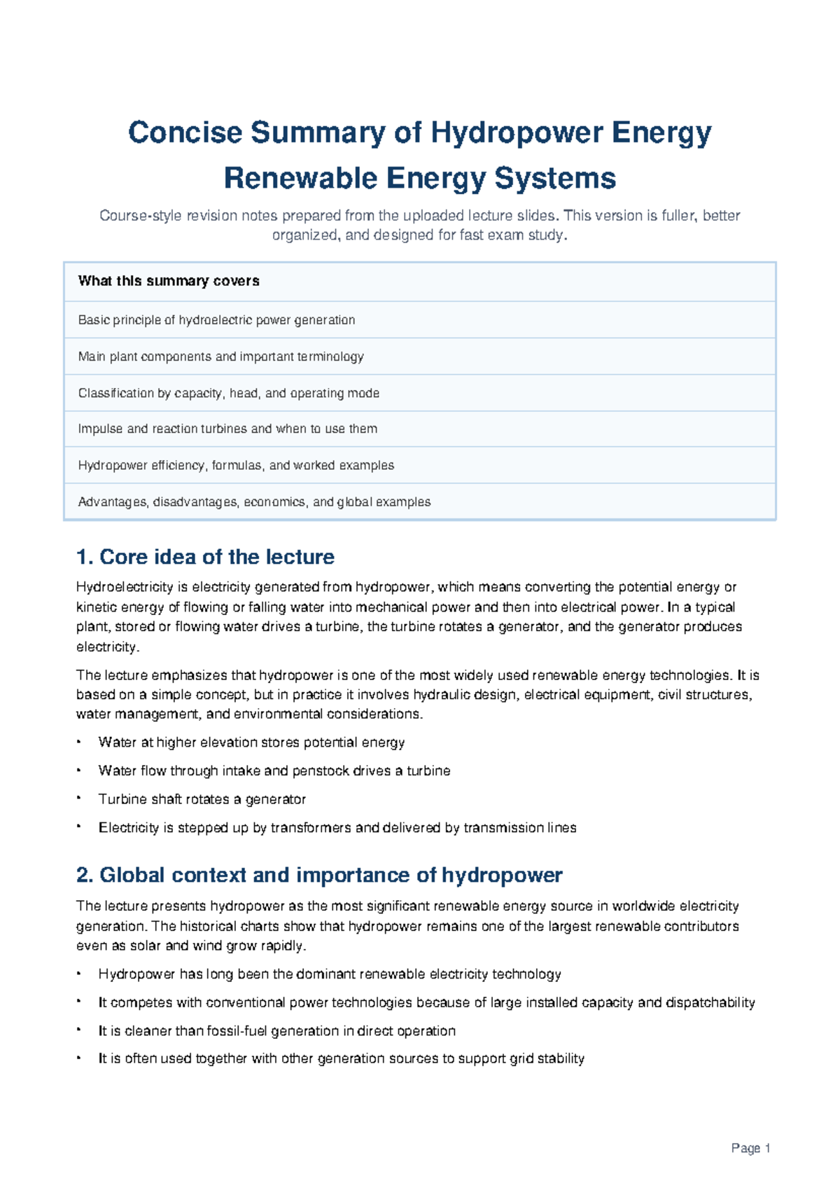 Hydropower Energy Systems (ENG 101) Final Exam Summary Notes - Studocu