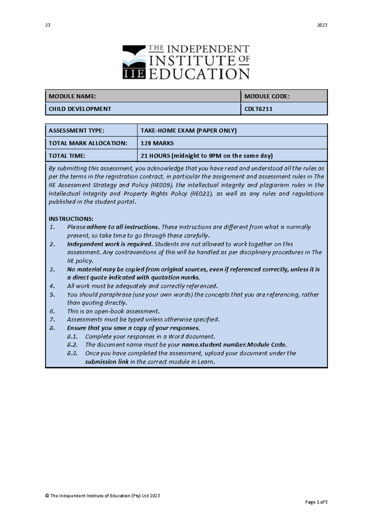 CDLT6211 Take-Home Exam: Child Development Assessment Practice Paper ...