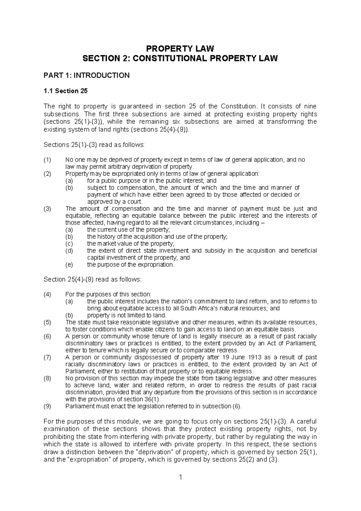 PROPERTY LAW 2: CONSTITUTIONAL PROPERTY LAW - SECTION 25 ANALYSIS - Studocu