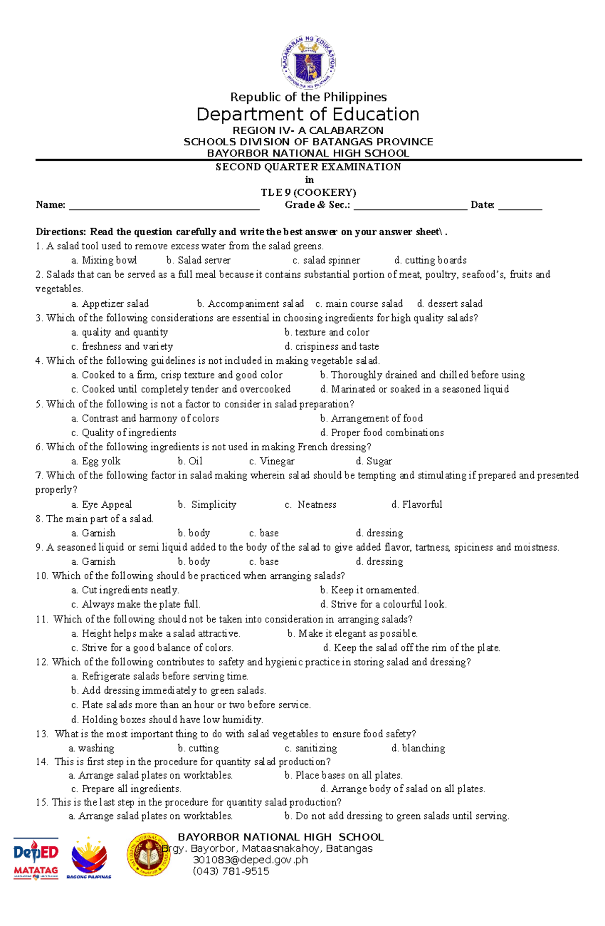 Second Periodical TEST in TLE 9 - Department of Education REGION IV- A ...