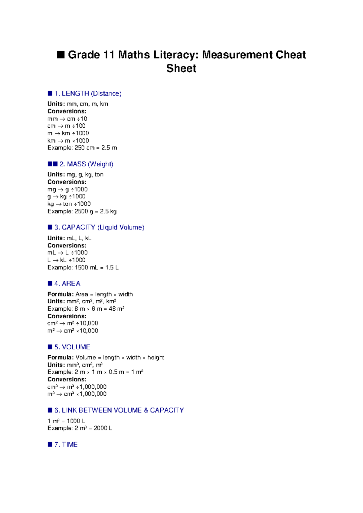 Grade 11 Maths Lit: Measurement Cheat Sheet for Units & Conversions ...