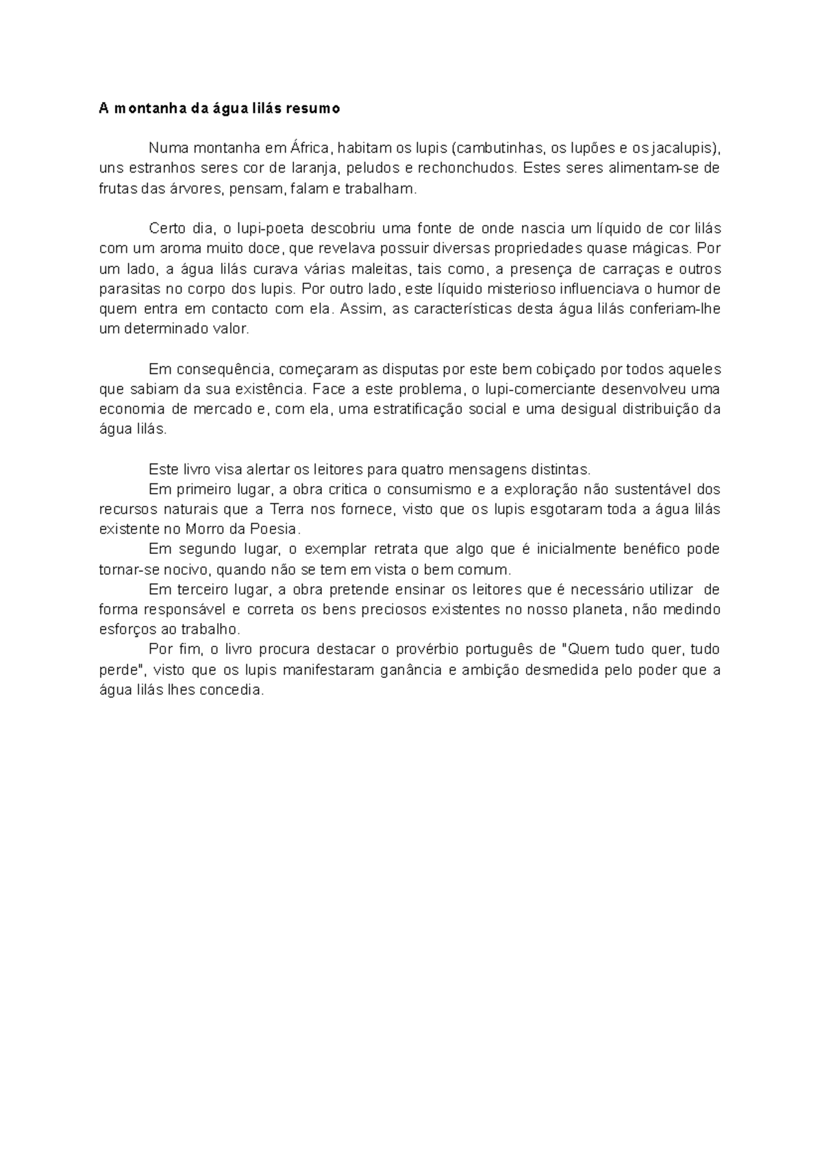 Resumo da Obra "A Montanha da Água Lilás" - Studocu