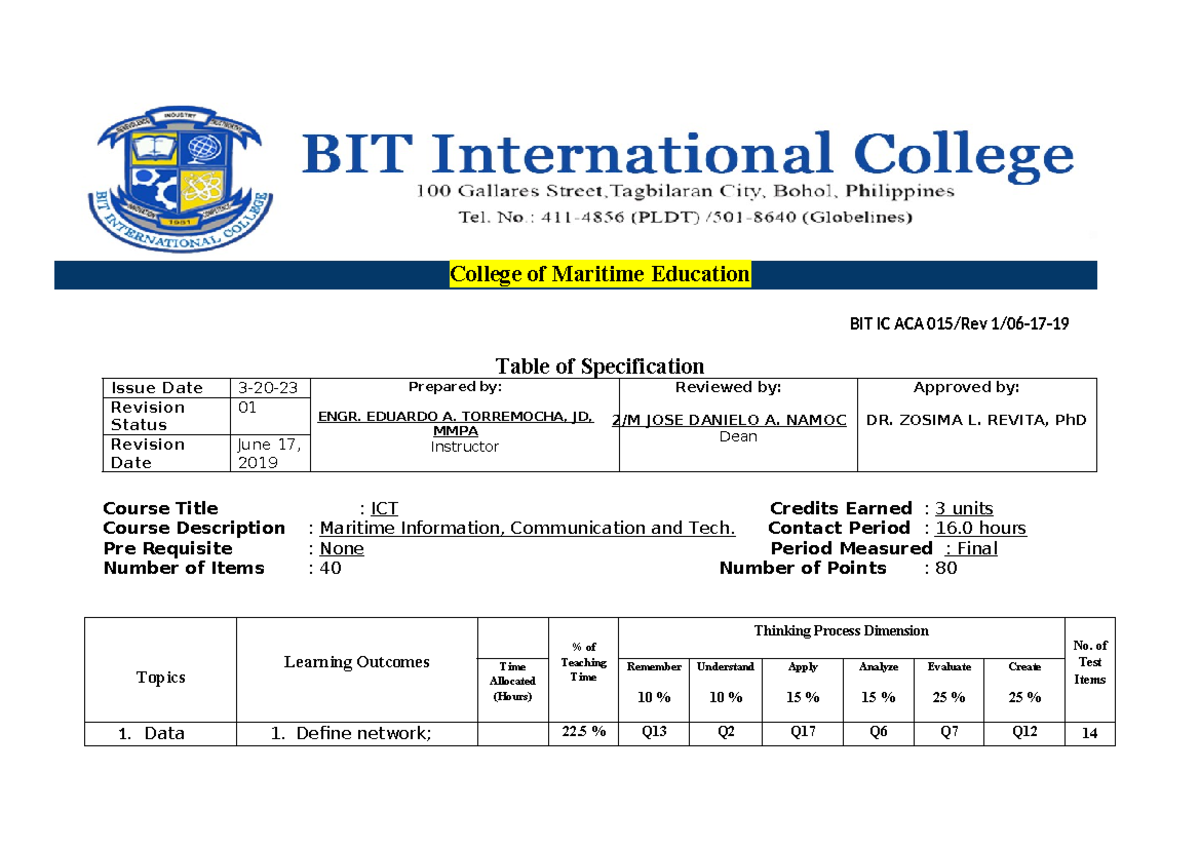 ICT TOS Final - Notes - College of Maritime Education BIT IC ACA 015 ...