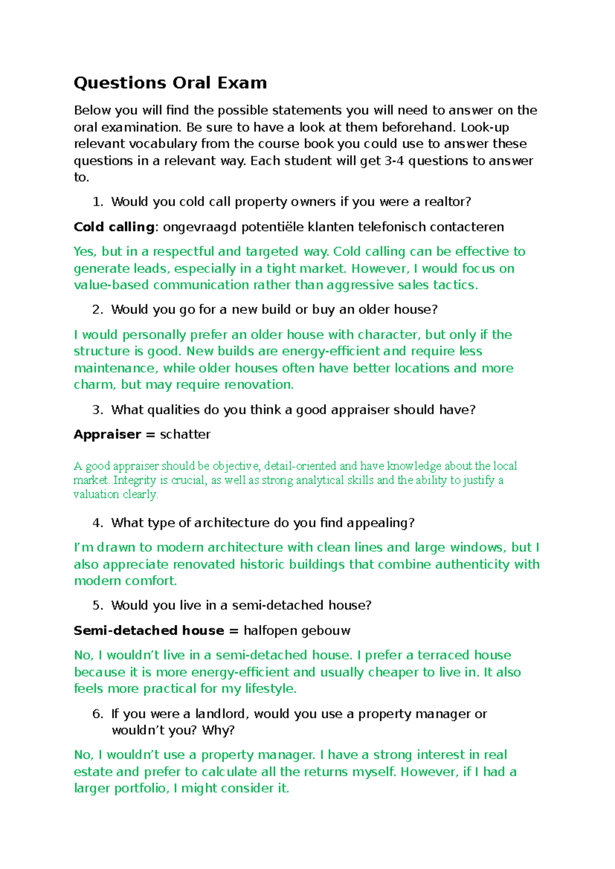 Real Estate Oral Exam Questions & Answers (ENG) - Studocu