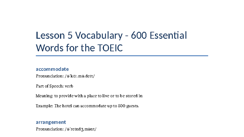 Lesson 5: 600 Essential TOEIC Vocabulary Words - Studocu