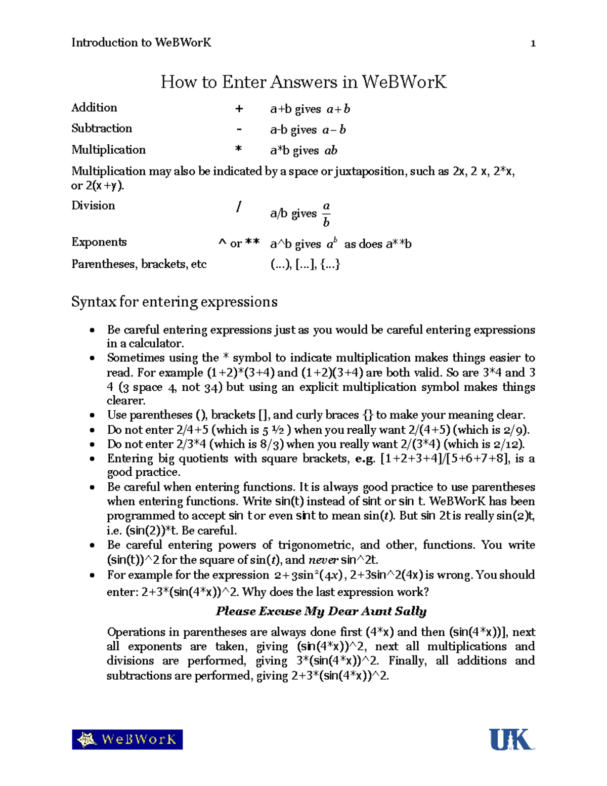 WeBWorK Syntax Guide: Entering Answers in Calculus 101 - Studocu