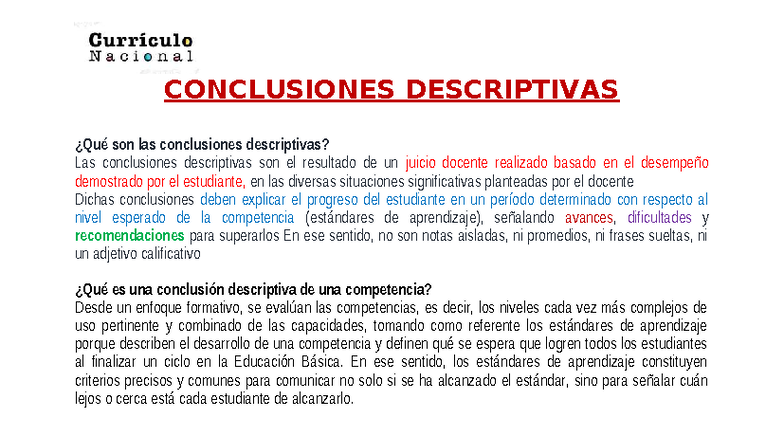 Conclusiones Descriptivas en la Evaluación Formativa: Análisis y ...