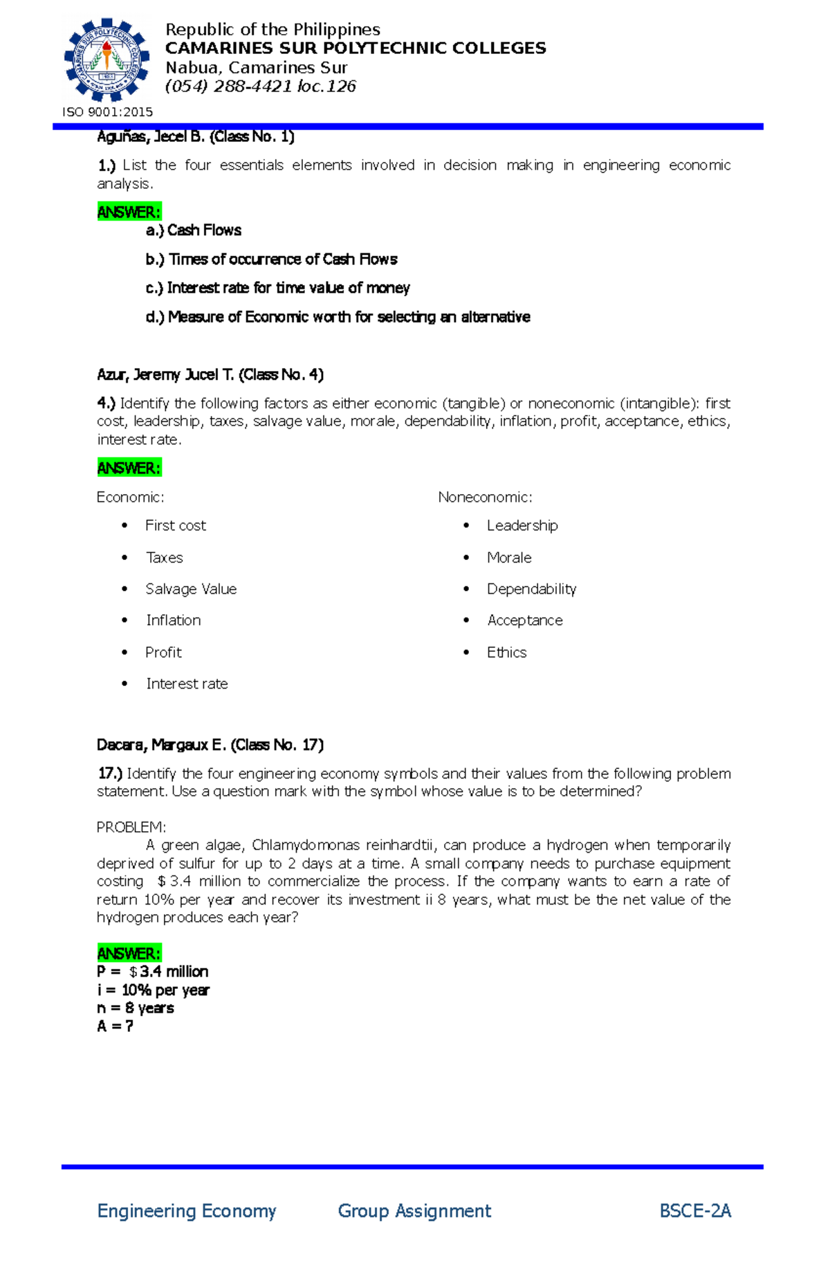 Engineering Economy Sample problems w/ solutions - Ag uñas, Jec el B ...