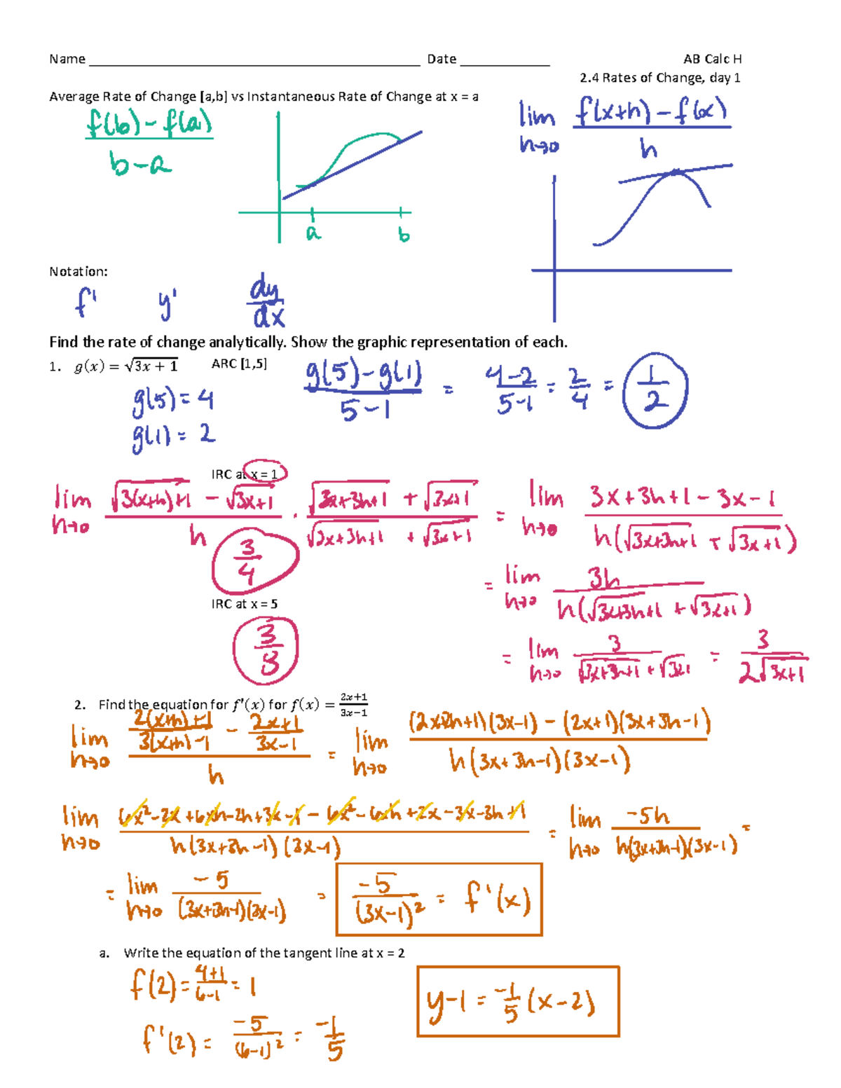 Average and Instantaneous Rate of Change - AB Calc H 2.4 - Studocu