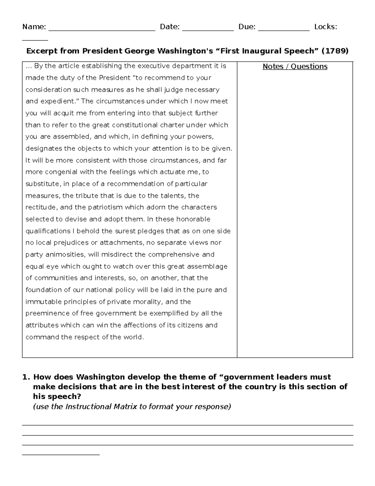 Washington's Inaugural Address (1789): Analysis & Discussion Questions ...
