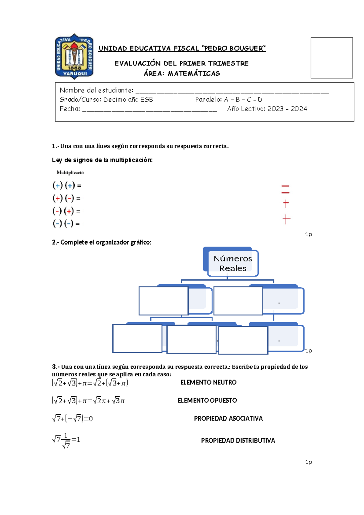 Examen de Matemáticas Décimo EGB - Primer Trimestre 2023-2024 - Studocu