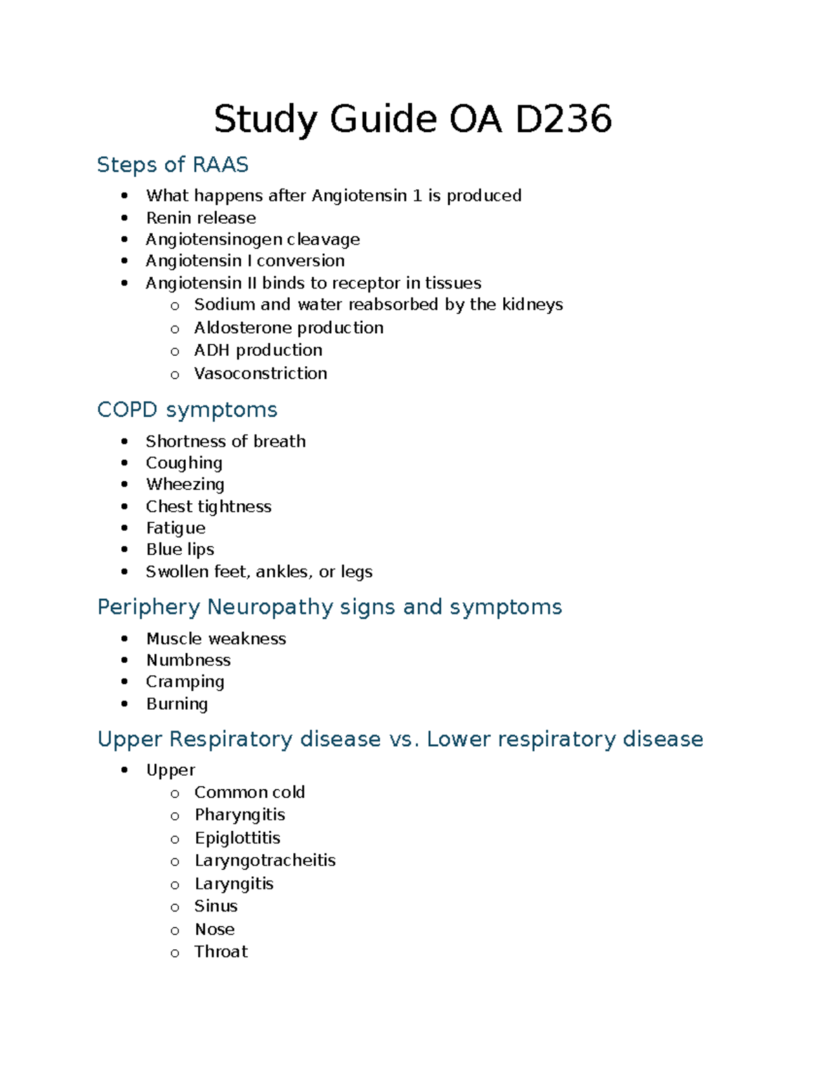 Study Guide 2 - Practice - Study Guide OA D Steps of RAAS What happens ...