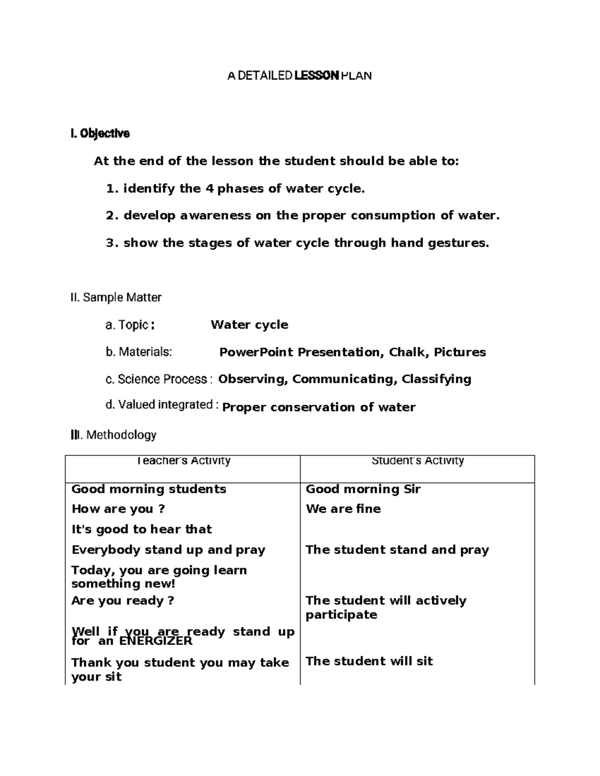 Samson 4As Lesson Plan - Understanding the WATER CYCLE - Studocu