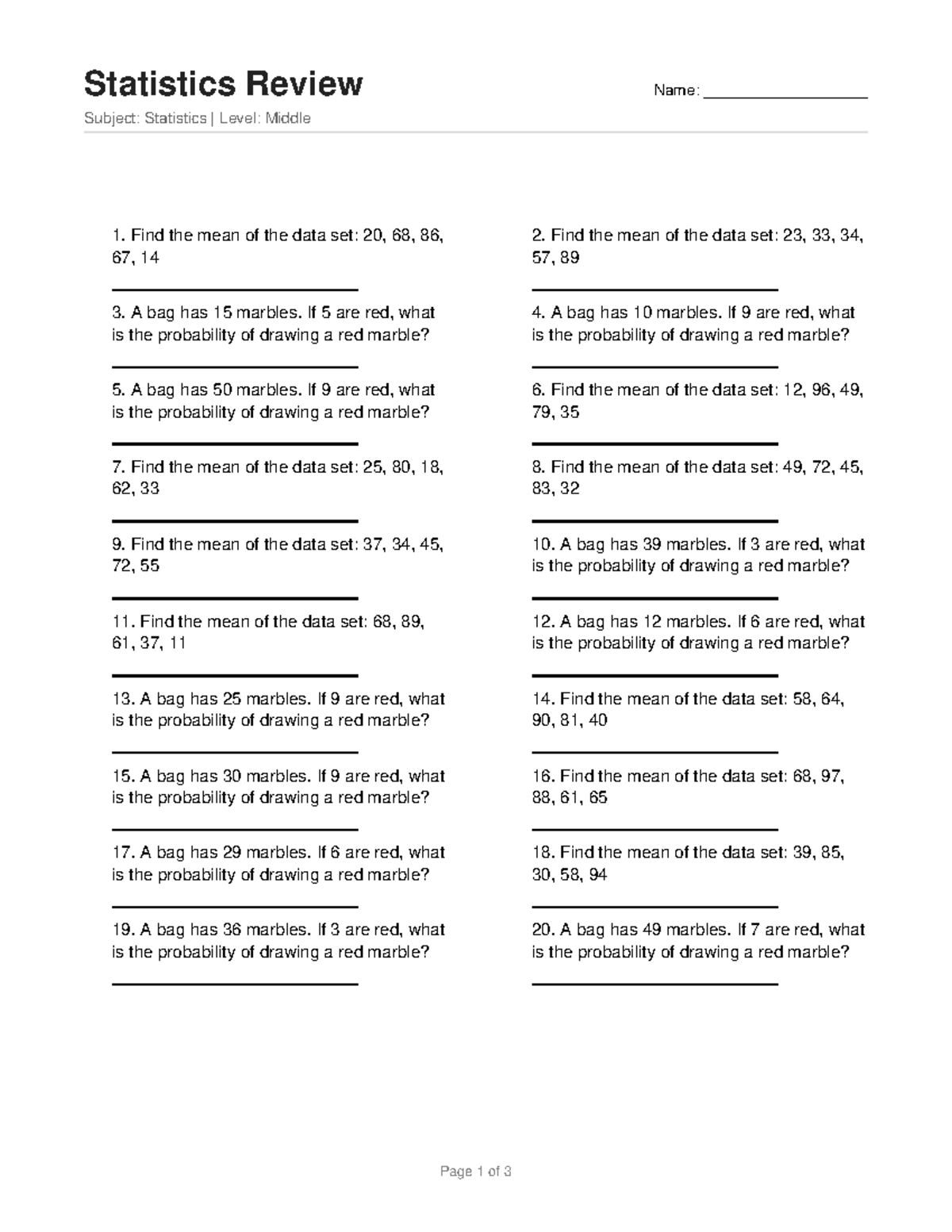 Statistics Review 4 - Middle Level Practice Questions and Answers - Studocu