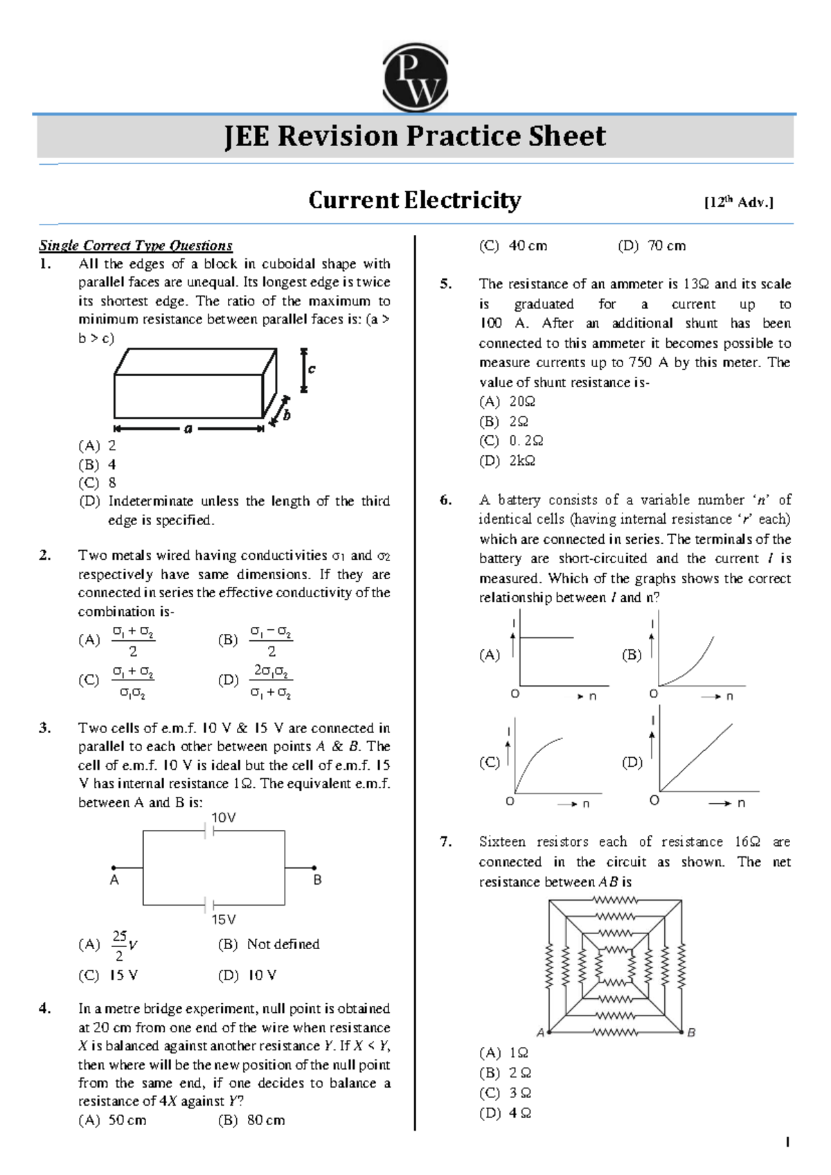 Current Electricity Practice Sheet (JEE Adv) - Single Correct Questions ...