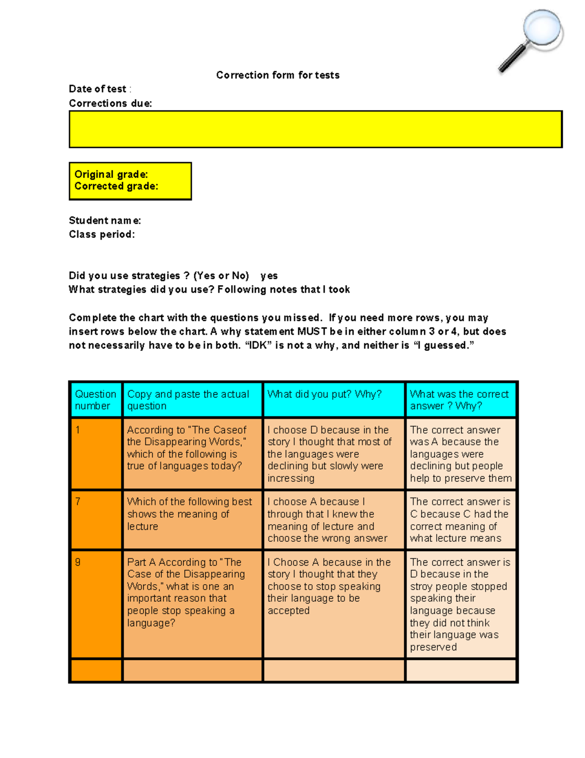 Correction Form Template for Tests: Strategies & Grades Analysis - Studocu