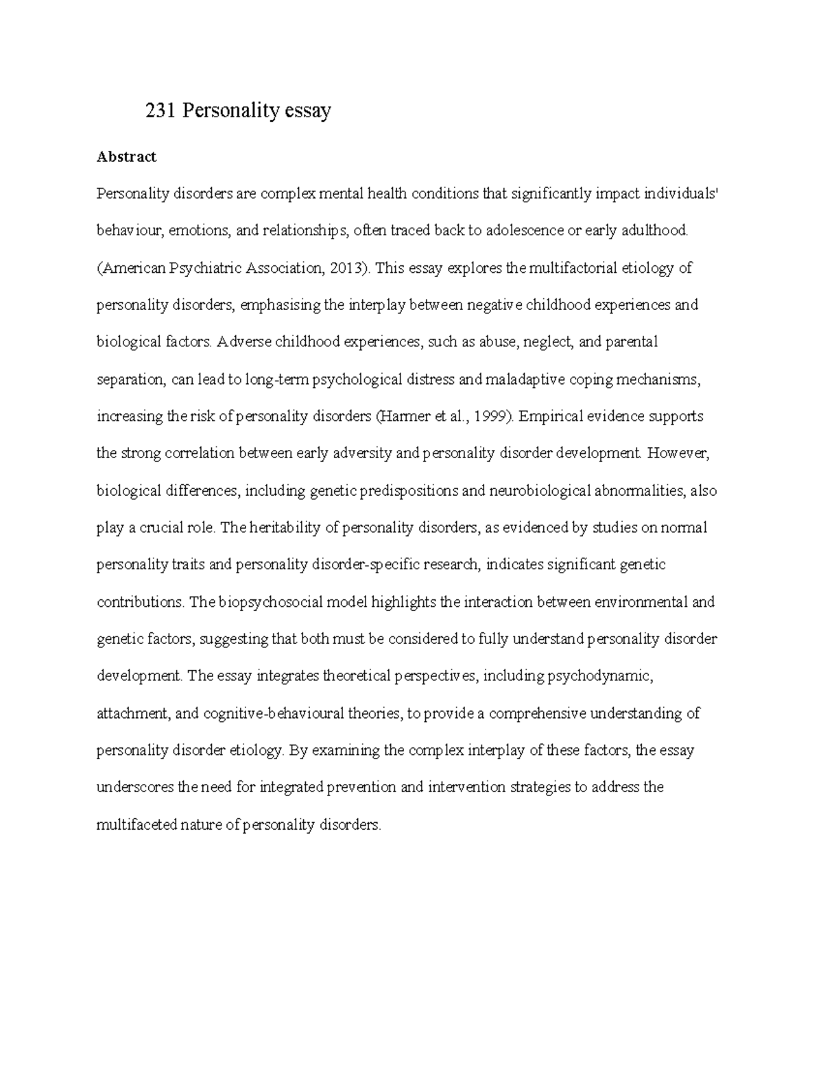 231 Personality essay - 231 Personality essay Abstract Personality disorders are complex mental ...