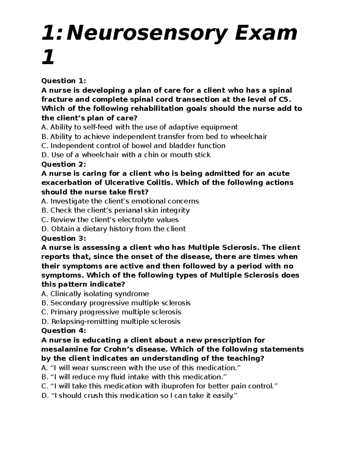 Neurosensory Exam 1 - Nursing Study Guide & Practice Questions - Studocu
