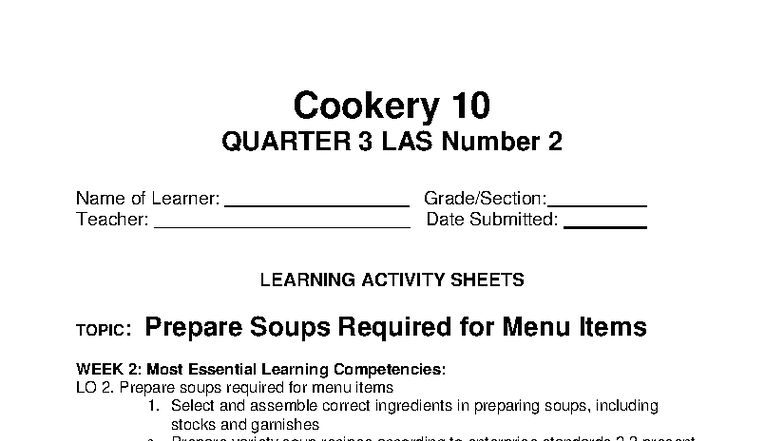 Cookery 10 Q3 LAS #2: Preparing Soups for Menu Items - Studocu
