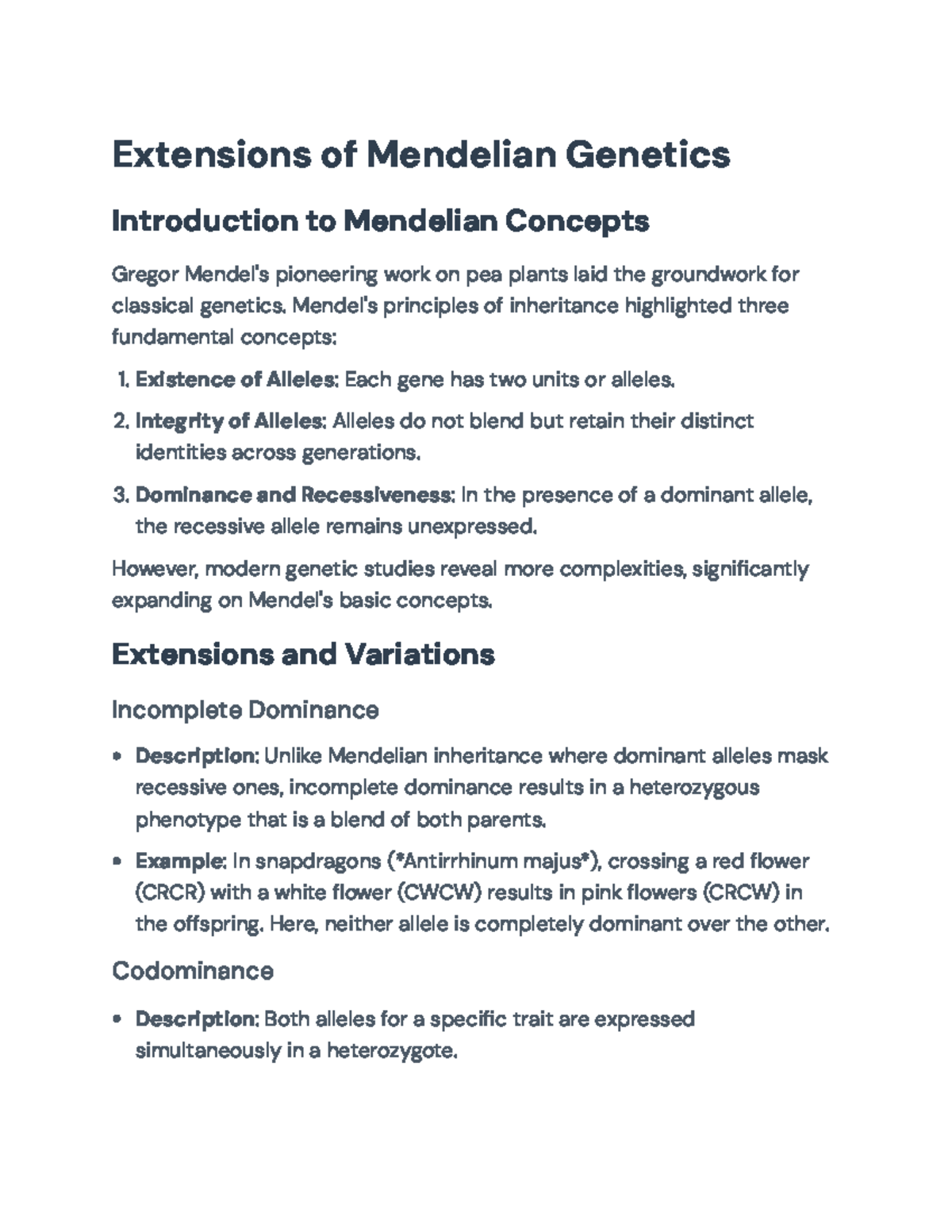 Extensions of Mendelian Genetics: Concepts, Examples, and Implications ...