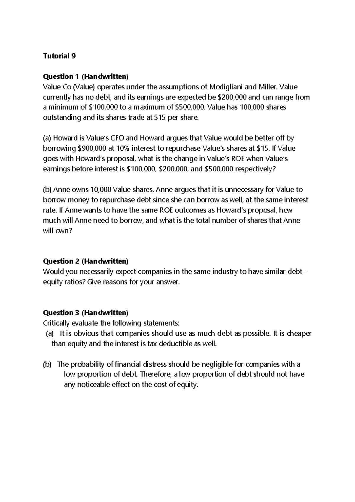 Tute 9 - Evaluating Debt and Equity in Capital Structure Decisions ...
