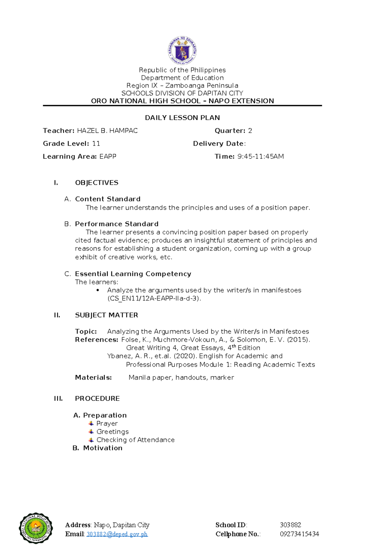 G11 EAPP Q2 Lesson Plan: Analyzing Manifestoes and Arguments - Studocu