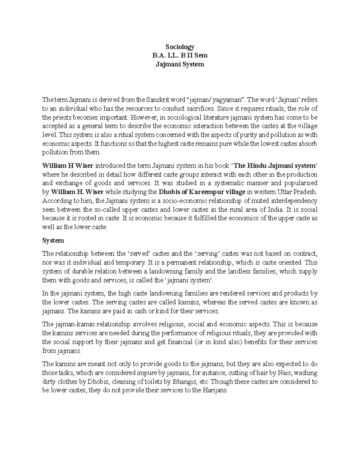 Sociology B.A. LL. B II Sem Jajmani System: An In-Depth Analysis - Studocu