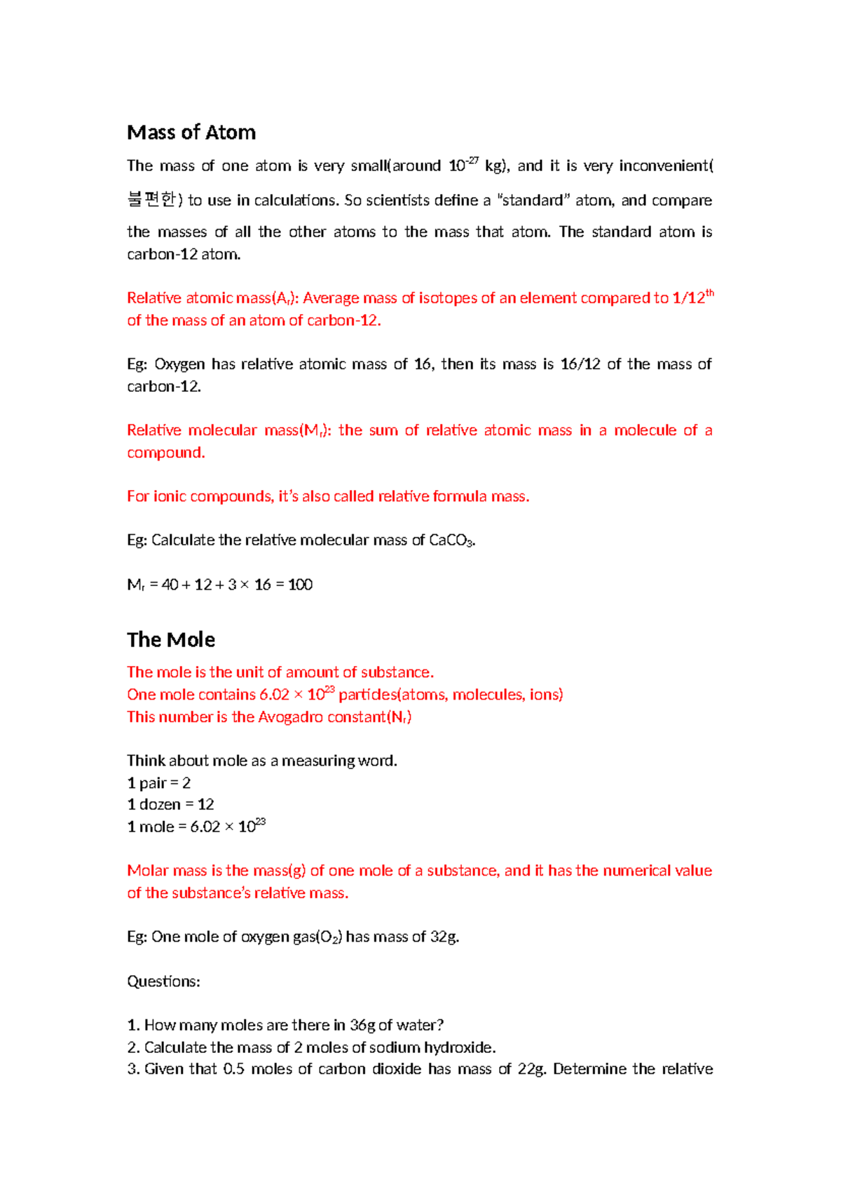 Relative Masses and Mole Calculations (Chem 101) - Studocu