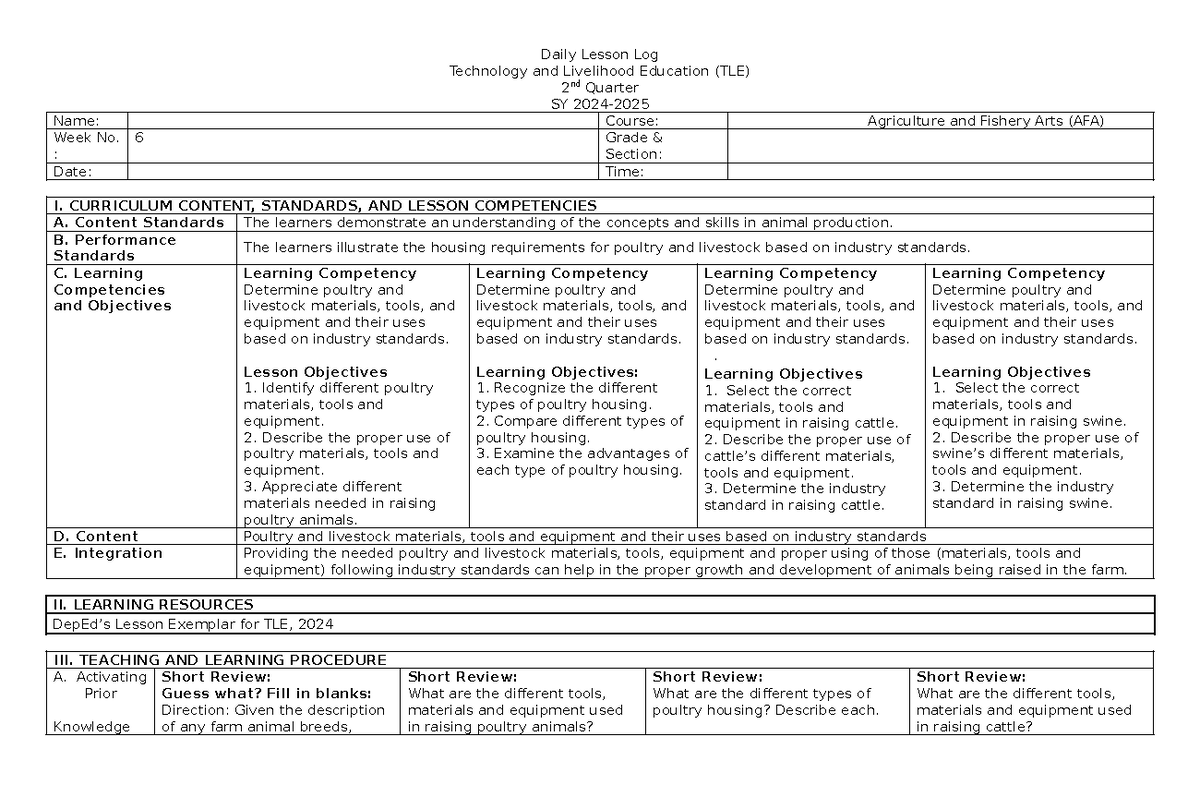 Daily Lesson Log - notes - Daily Lesson Log Technology and Livelihood ...
