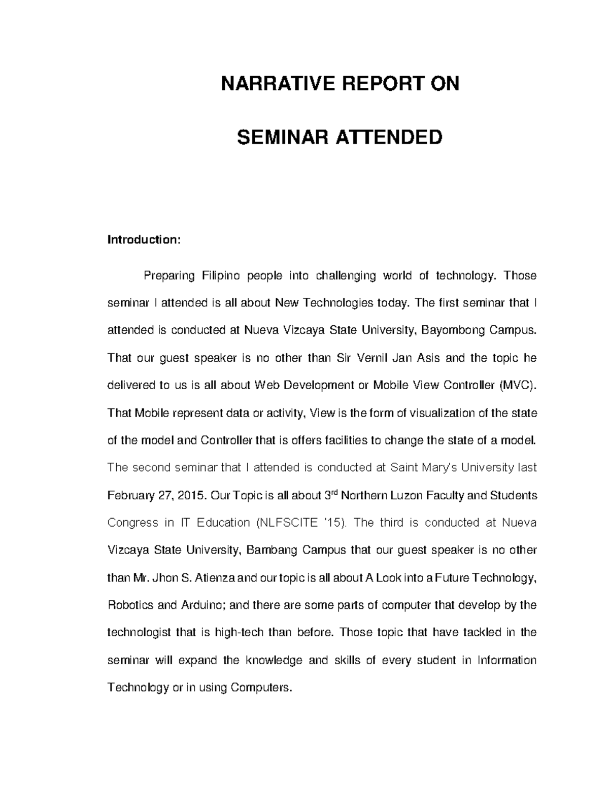 Narrative Report on Seminar Attended (IT 101) - Studocu