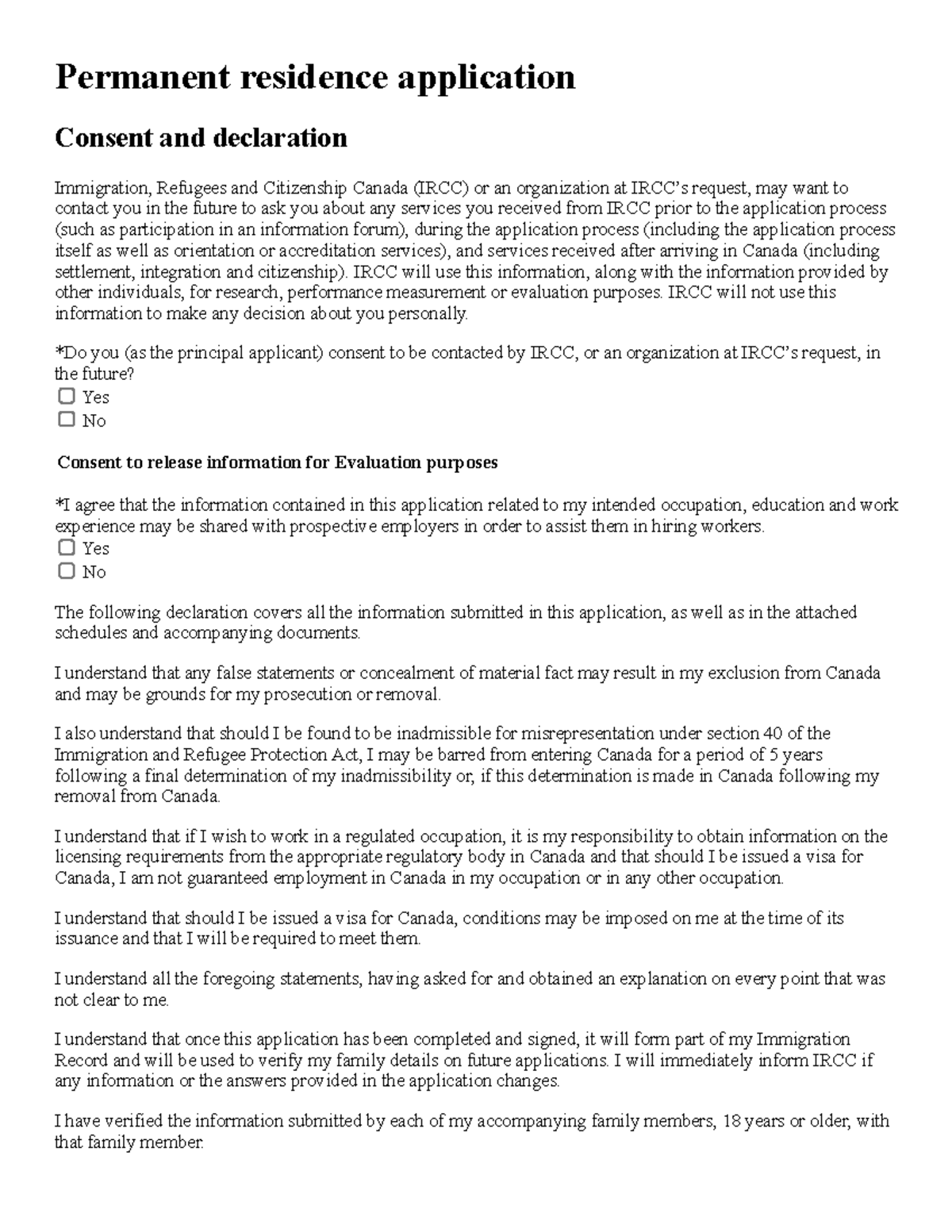 IRCC Permanent Residence Application: Consent & Declaration - Studocu