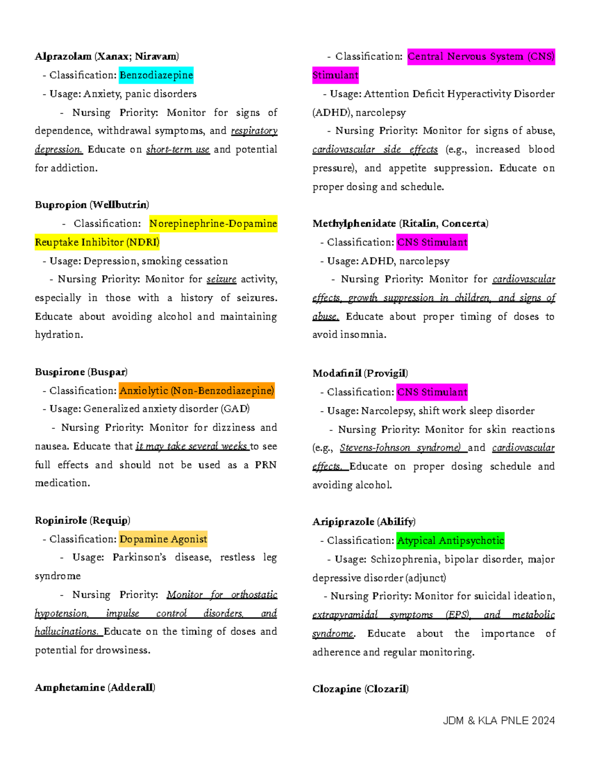 Psychiatric Drugs Study Guide: Nursing Priorities & Classifications ...