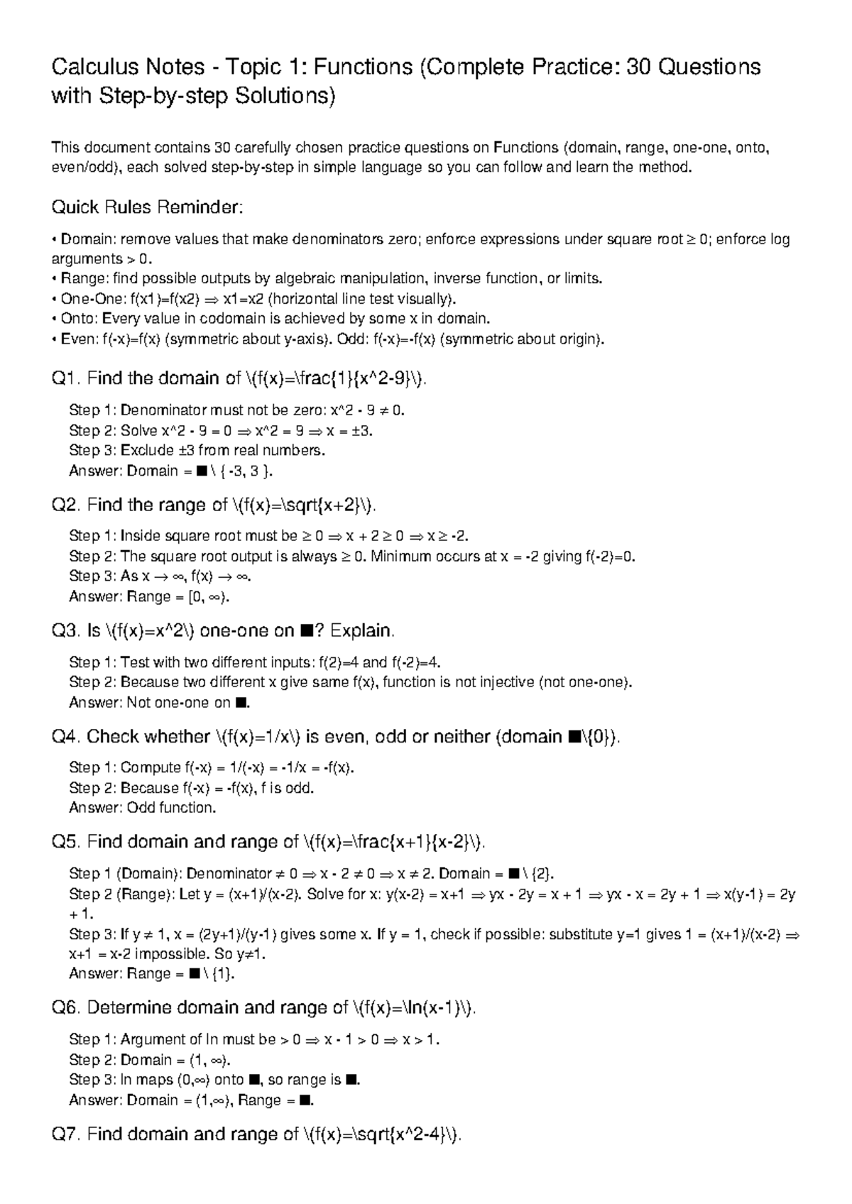 Calculus MATH101 Topic 1: Functions - 30 Practice Qs & Solutions - Studocu