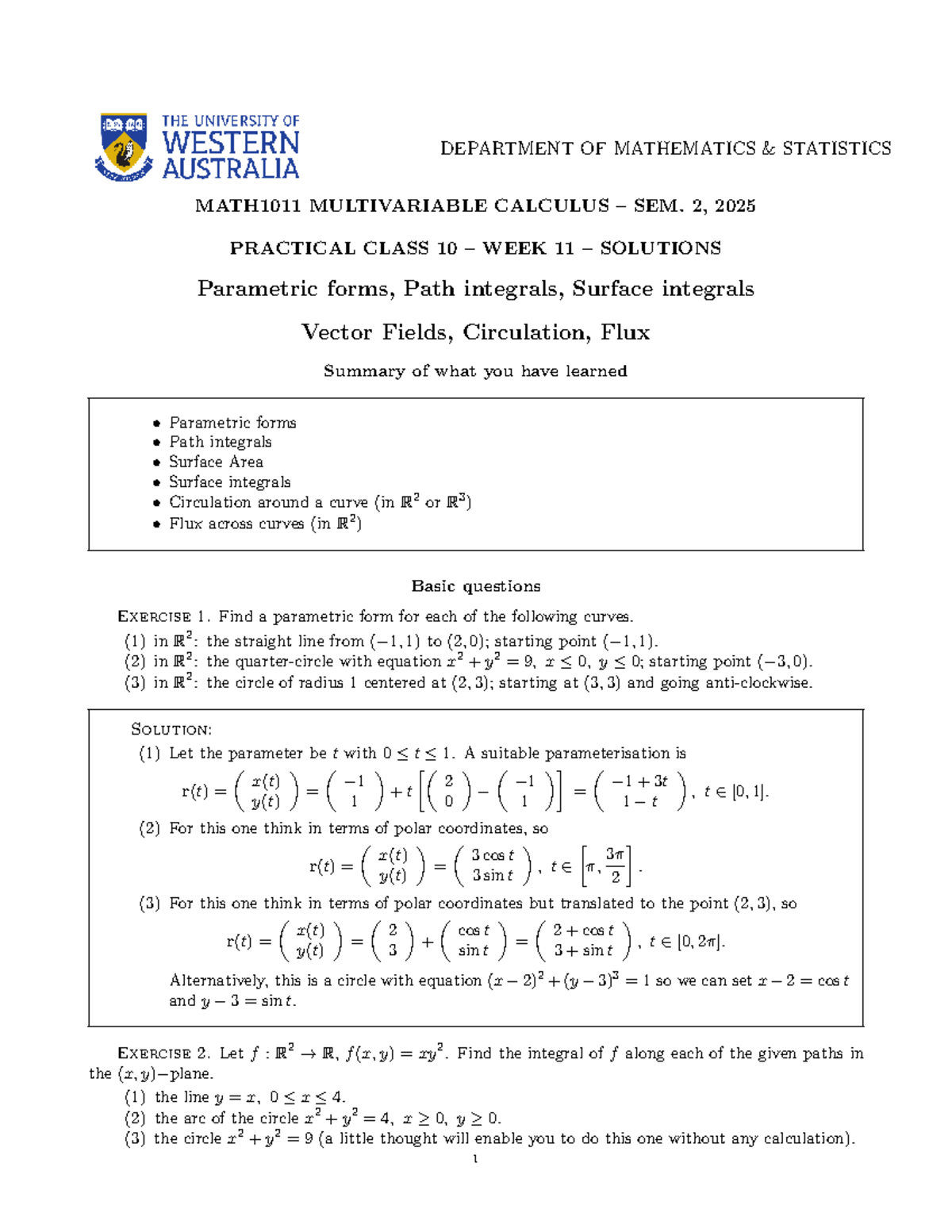 MATH1011 Week 11 Practical Class 10 Solutions: Multivariable Calculus ...