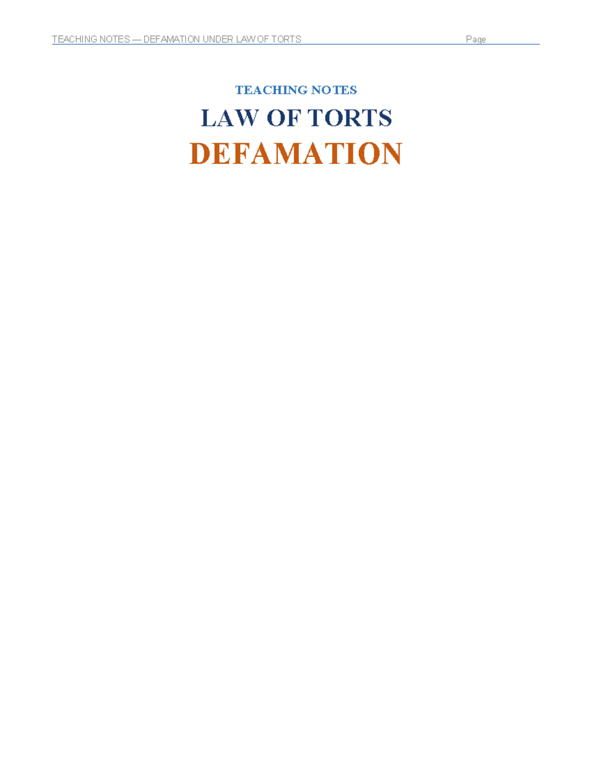 Teaching Notes: Defamation in Law of Torts (Course Code: LAW 101) - Studocu