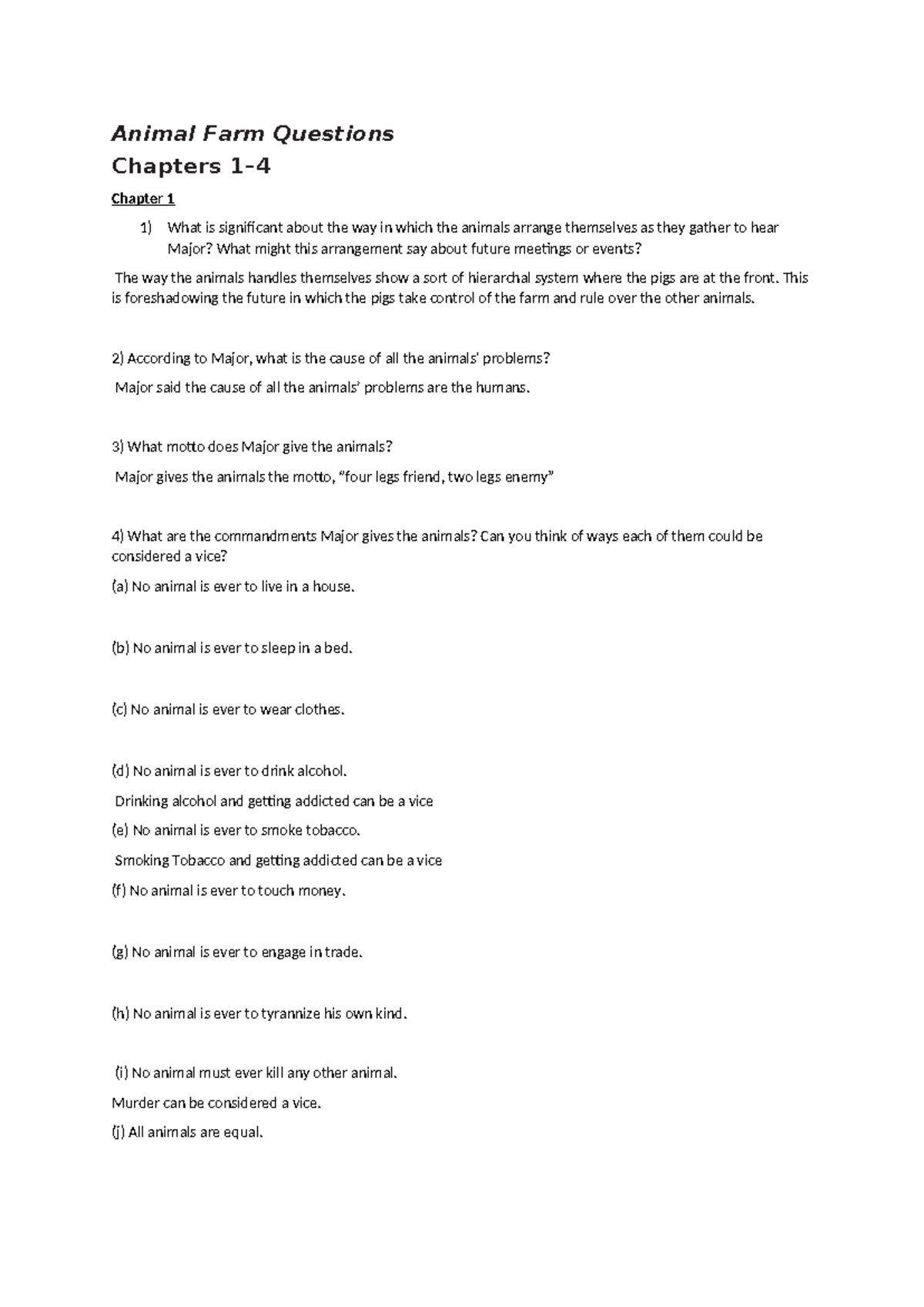 Animal Farm - Questions for Chapters 1-4 - Course Code: AF101 - Studocu