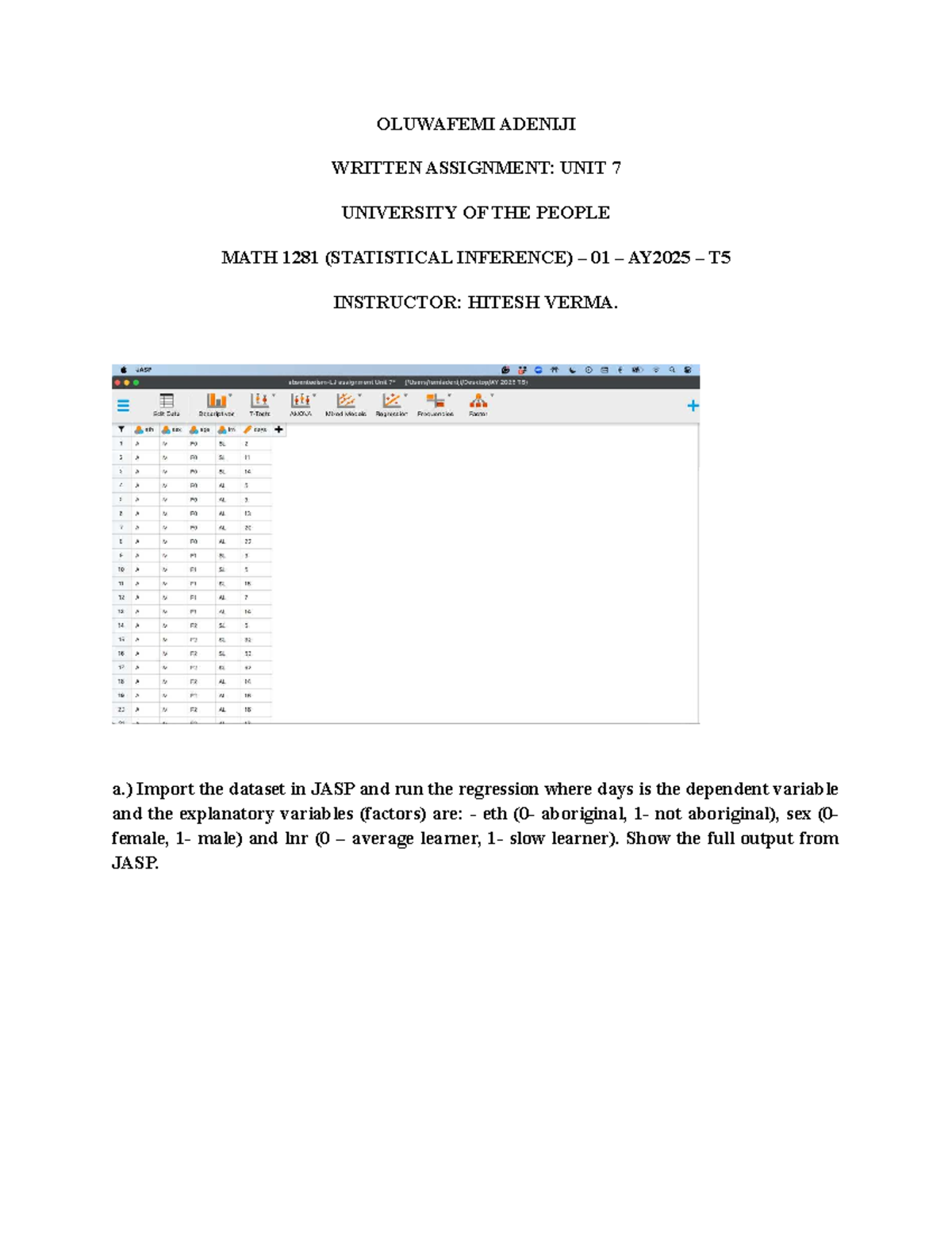 MATH 1281 Unit 7 Regression Analysis Assignment - Studocu
