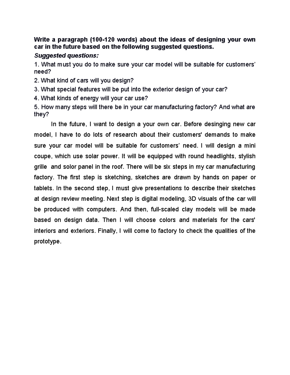 Designing Your Own Car - Tiếng Anh 4 Essay Notes - Studocu