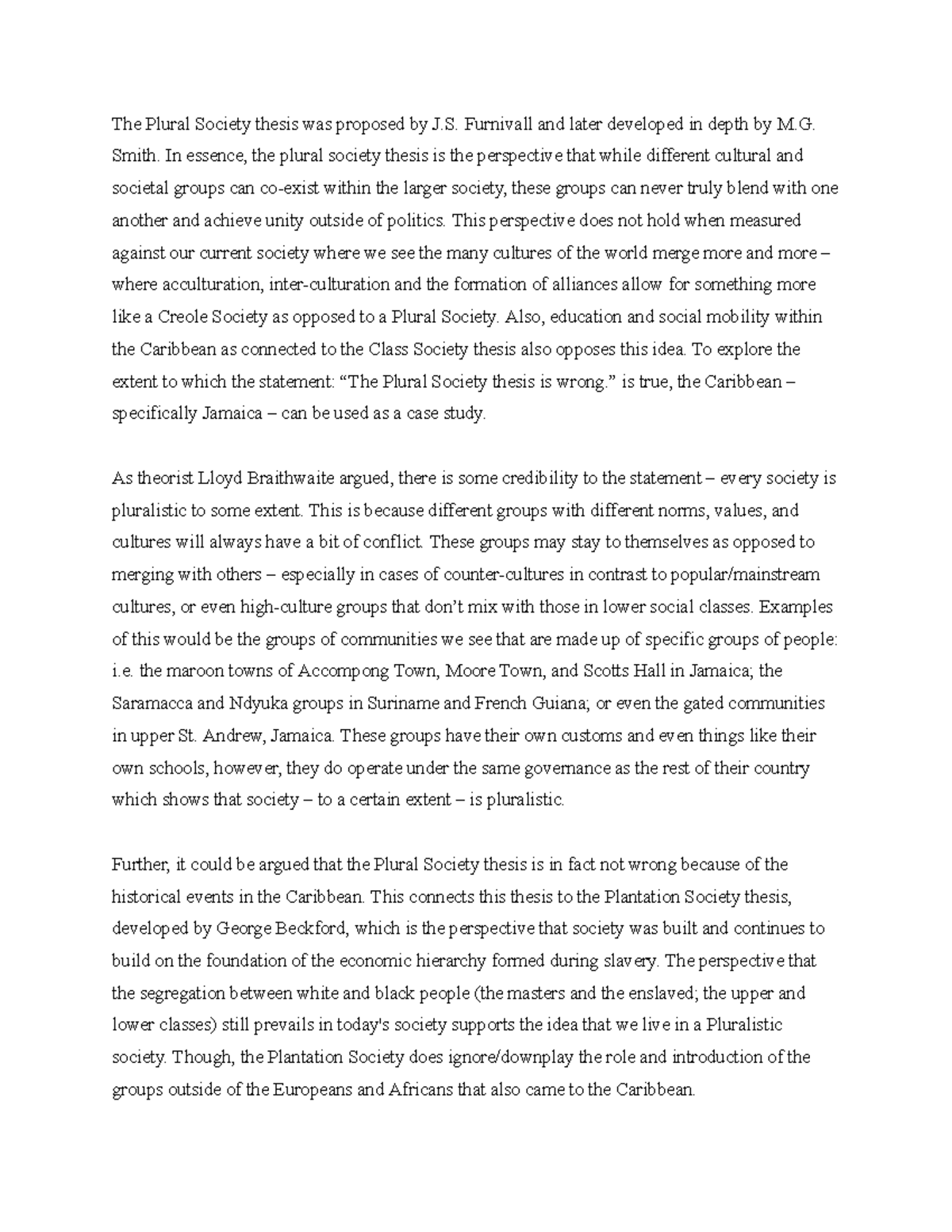 Sociology Essay: Analyzing the Plural Society Thesis in the Caribbean ...