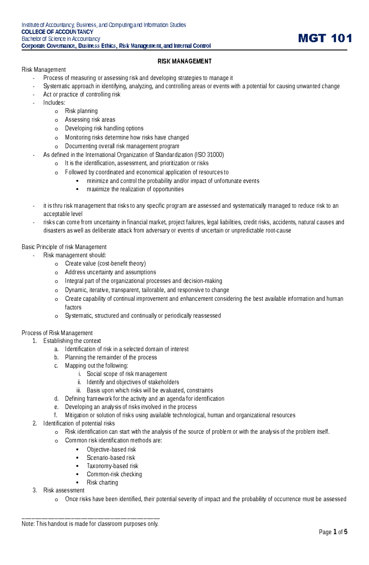 MGT 101 Risk Management: Comprehensive Guide to Risk Assessment and Control - Studocu