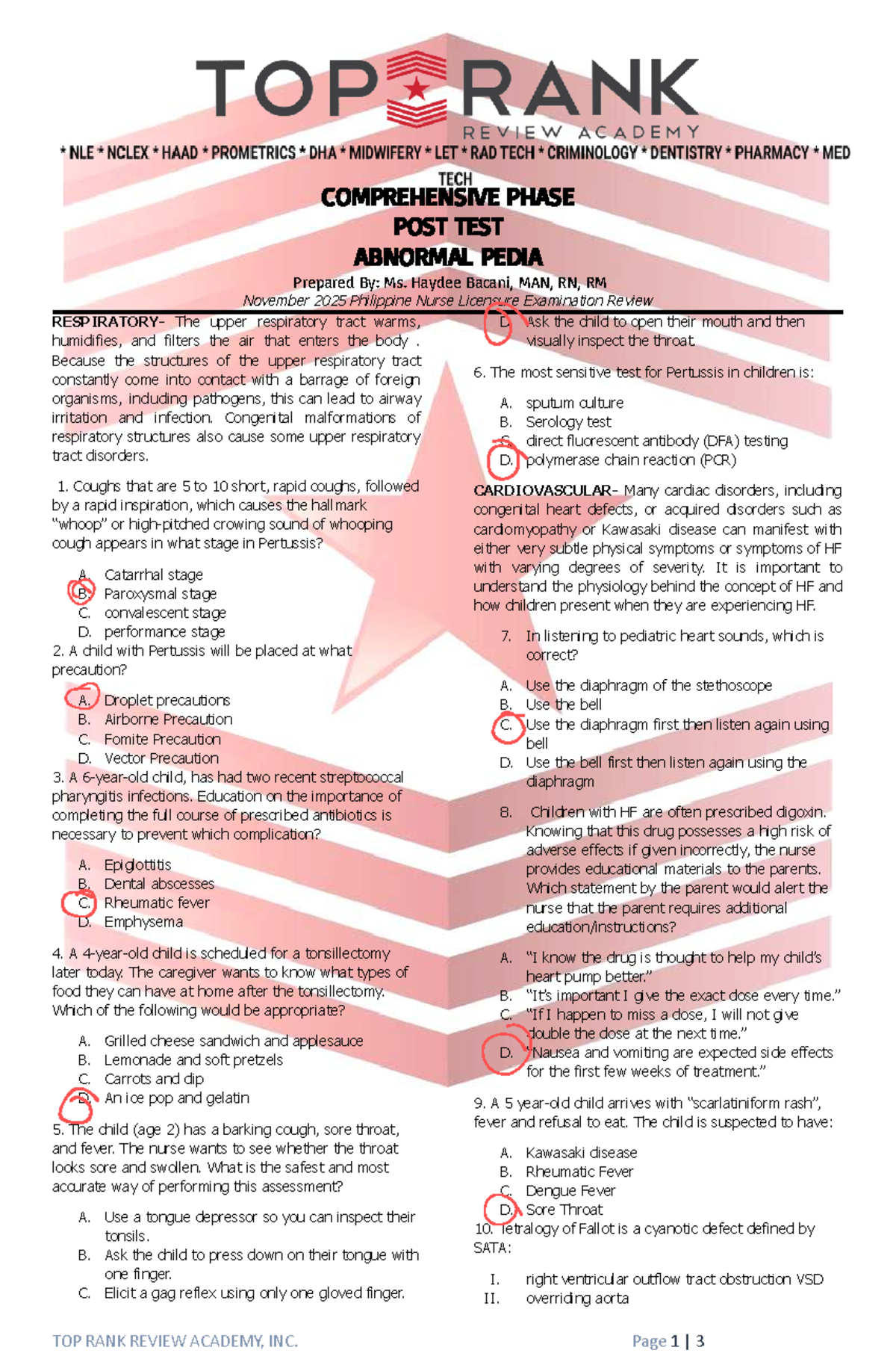 COMPREHENSIVE PHASE POST TEST: ABNORMAL PEDIA REVIEW (NLE 2025) - Studocu