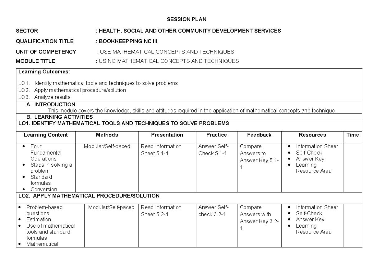 UC 5 - Session Plan: Using Mathematical Concepts in Health & Community ...