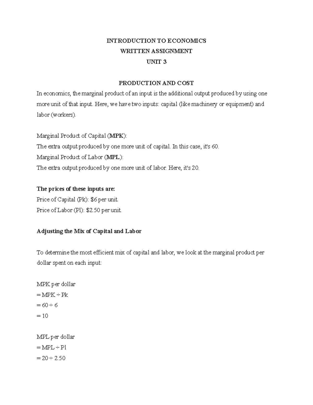 Econ WA3 - Introduction to economics, written assignment unit 3 ...