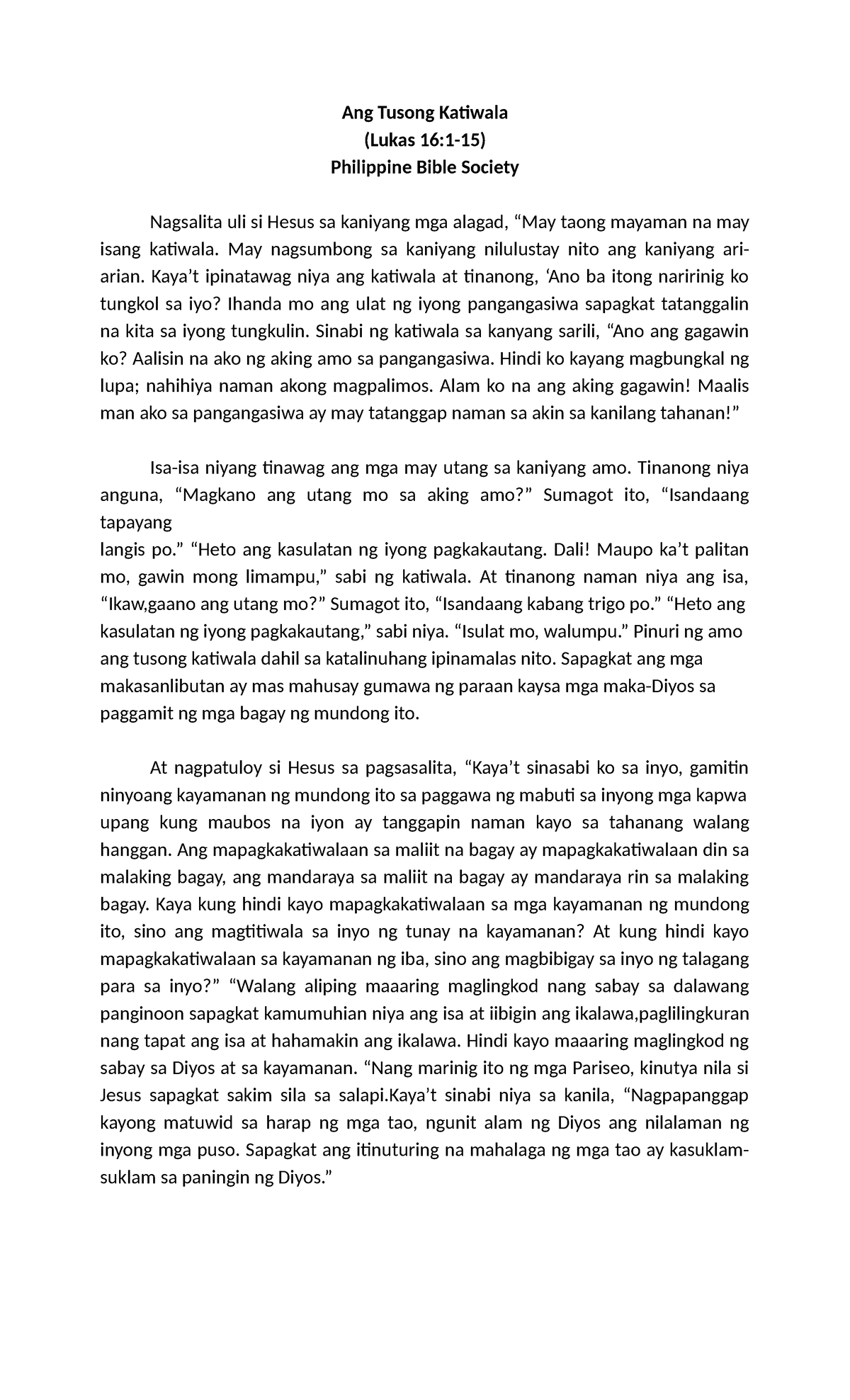 Ang Tusong Katiwala: Parabula para sa Ikasampung Baitang (10th Grade ...